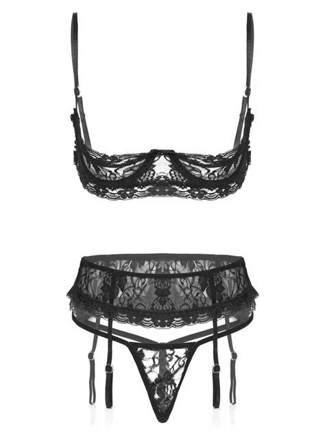 Agoky Womens Lace Lingerie Set Garter Belt Spaghetti Straps Bra And