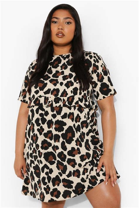 Womens Plus Leopard Ruffle Waist Smock Dress Boohoo Uk