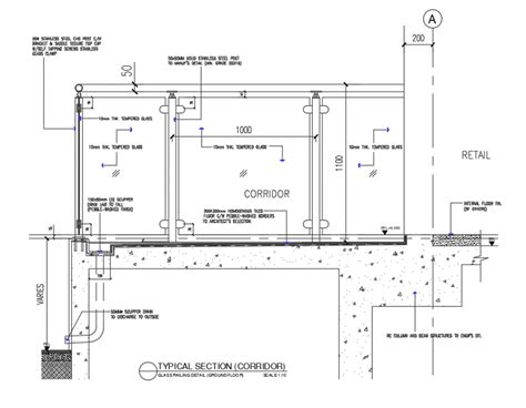 corridor typical section glass railing structure cad drawing details