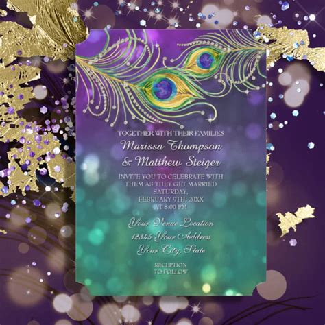 Peacock Feather Wedding Jeweled Feathers Bokeh Invitation Zazzle