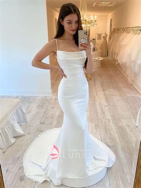 Ruched White Satin Spaghetti Straps Mermaid Bridal Dress Lunss