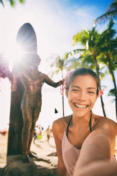 Hawaii Summer Vacation Woman Taking Selfie Photo On Waikiki Beach At