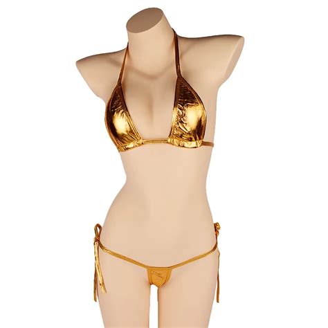 Sexy Women Faux Leather Metallic Microkini Lingerie Bra Top And G