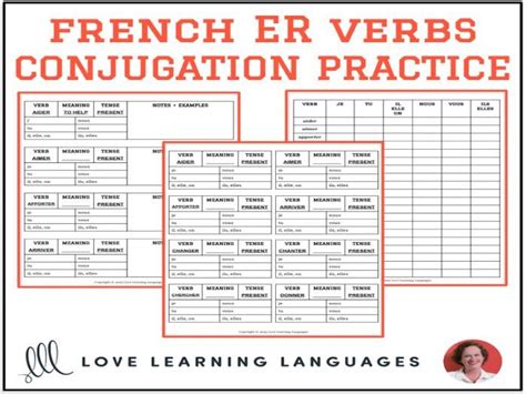 French Er Verbs Conjugation Practice Charts Present Tense Teaching