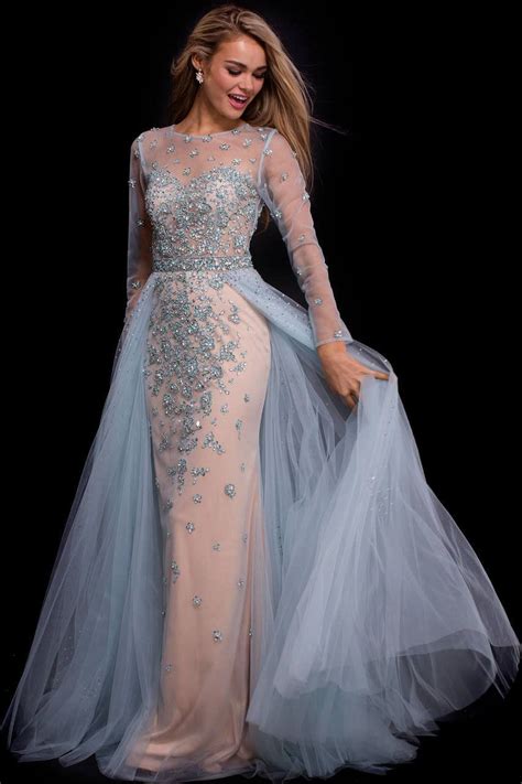 Jovani 53743 Adorned Illusion Long Sleeve Overskirt Gown