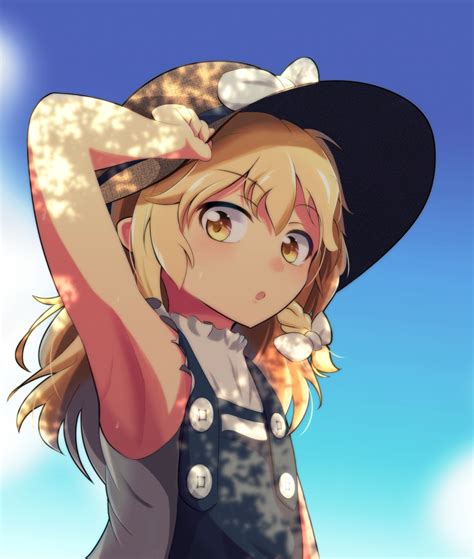 Safebooru 1girl Armpits Bangs Black Vest Blonde Hair Blue Sky Bow