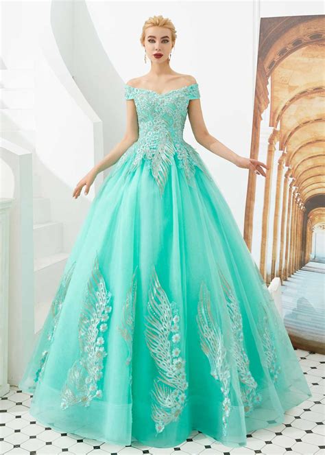 Turquoise Off The Shoulder Ball Gown Prom Formal Dress – Jojo Shop