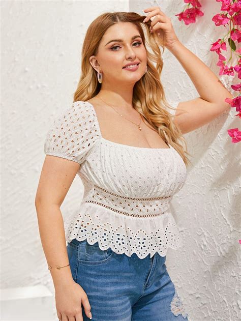 Plus Eyelet Embroidered Scallop Trim Blouse Fashion Plus Size