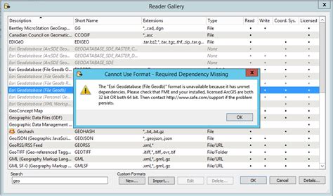 geodatabase formats missing greyed out or have unmet dependencies