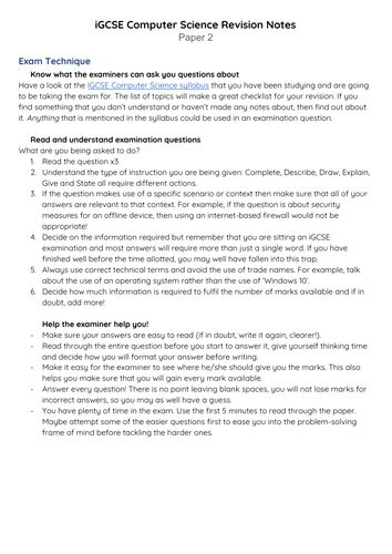 igcse computer science revision notes for paper 2 teaching resources