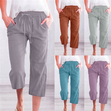 Dyegold Capris For Women Casual Summer Cotton Linen Cropped Pants