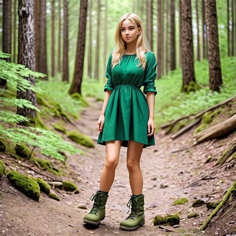 Pretty Girl Blonde Hair Green Dress And Hiking Boots
