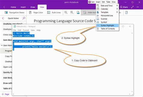 uwp insert syntax highlighted program code in onenote for windows 10