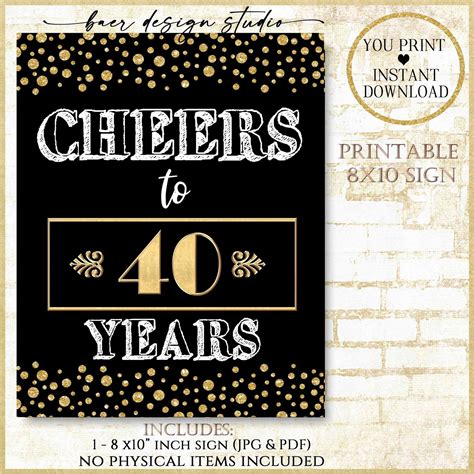 Printable Cheers To 40 Years Sign Printable 40th Birthday Etsy