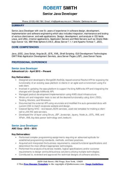 senior java developer resume samples qwikresume