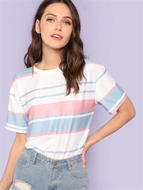 Round Neck Striped Tee Shein Sheinside Striped Tee Striped Ladies