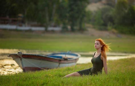 Wallpaper Summer Grass Look Girl Nature Pose River The Wind For