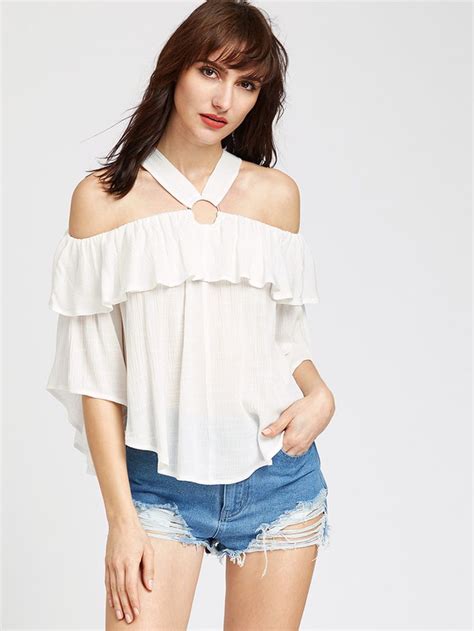 O Ring Cold Shoulder Ruffle Top Cold Shoulder Ruffle Top Tops Women