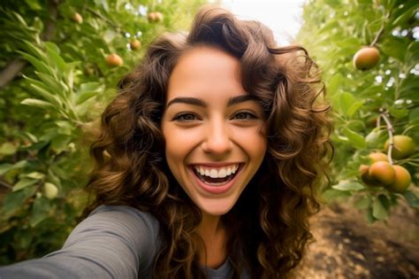 Premium Photo Young Happy Woman Taking Selfie In The Orchard Portrait