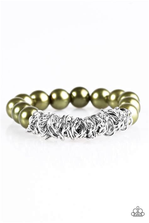 Paparazzi Shock Factor Green Pearly Bead Silver Link Stretchy Bracel