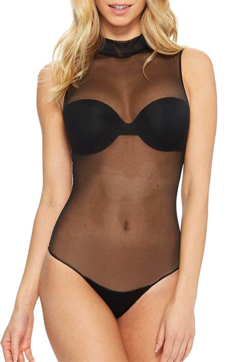 Spanx Black Sheer Fashion Non Shaping Mock Neck Mesh Thong Bodysuit