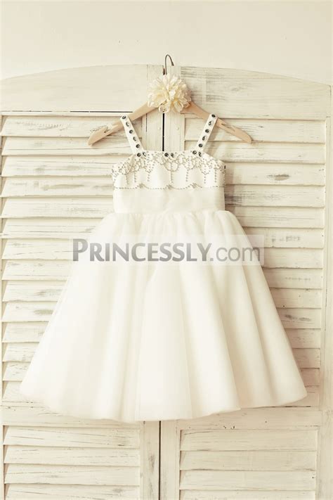 Ivory Satin Beaded Tulle Princess Tutu Wedding Flower Girl Dress Avivaly