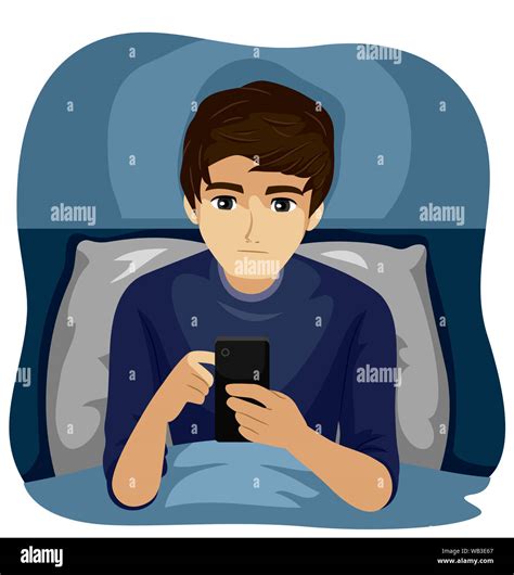 Ilustración De Un Chico Adolescente En Su Cama Con Su Teléfono Móvil
