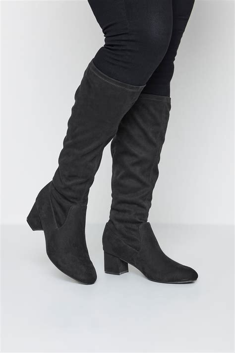 Black Faux Suede Stretch Back Knee High Boots In Wide E Fit And Extra