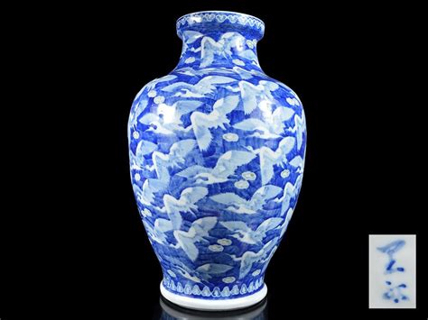 【やや傷や汚れあり】【雲】某収集家買取品 有田 染付群鶴絵付特大花瓶 壷 高さ58cm 在銘 古美術品 Ba5984 Otads9801
