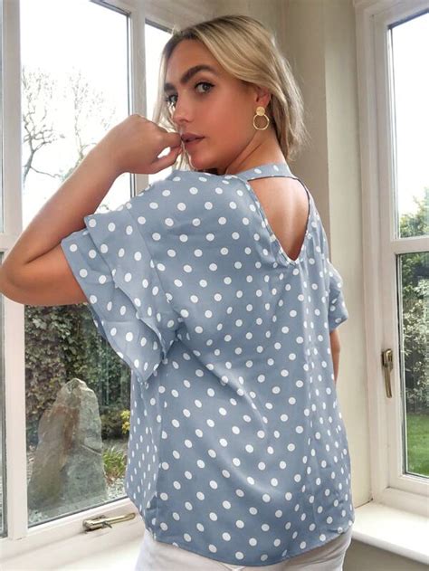 Shein Lune Plus Keyhole Back Layered Ruffle Cuff Polka Dot Top Shein Usa