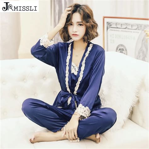 Jrmissli Satin Sleepwear Lace Print Women Pajama Sets Spring Pyjama