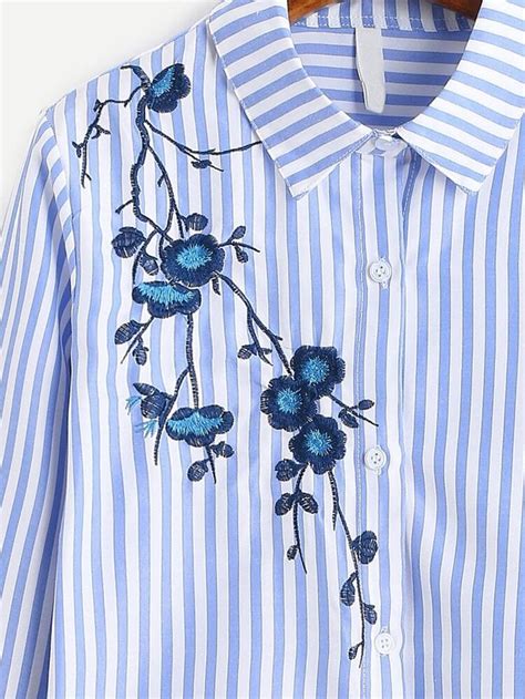 Blue Vertical Striped Embroidered Roll Tab Sleeve Shirt Embroidered