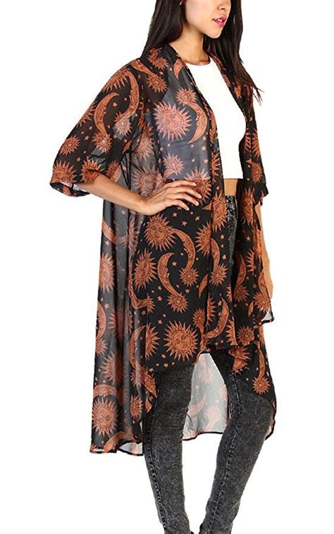 Hibluco Womens Sheer Chiffon Floral Kimono Cardigan Long Blouse Loose