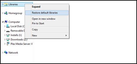 how to restore the default libraries in windows