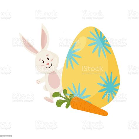 Bunny Character Looks Out From Egg Funny Happy Easter Rabbit Stock