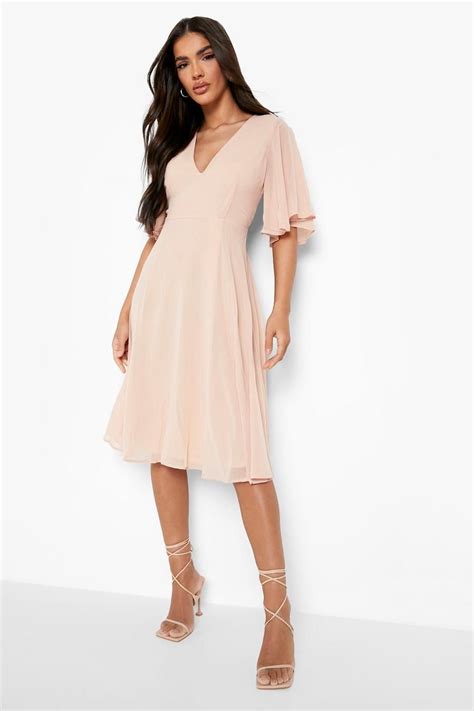 Chiffon Angel Sleeve Midi Skater Bridesmaid Dress Skater Bridesmaids