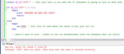 ssms query script won t run if database does not exist find error