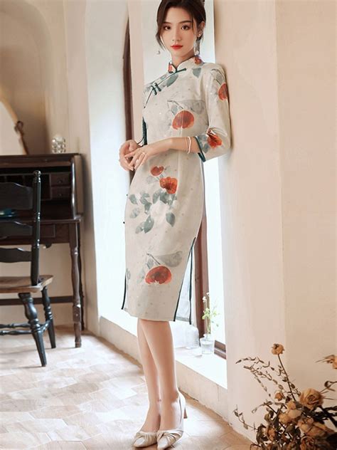 Bronzing Rose Print Mid Qipao Cheongsam Dress Cozyladywear