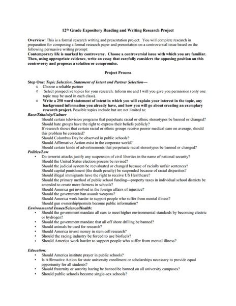 12th grade expository reading and writing research project activities