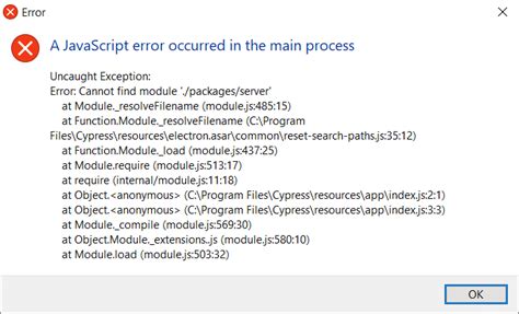 a javascript error occurred in the main process