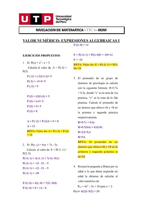 Ejercicio S08 Espero Que Te Ayude Valor NumÉrico Expresiones