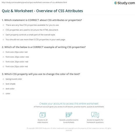 quiz and worksheet overview of css attributes