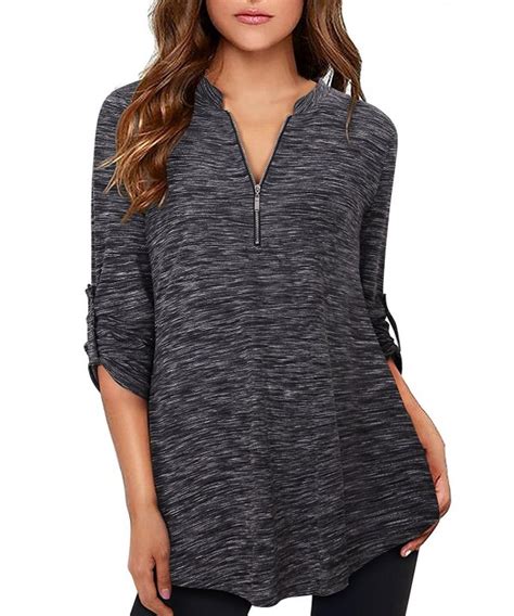 Womens Notch V Neck Roll Up Sleeve Casual Shirt Zip Up Loose Tunic