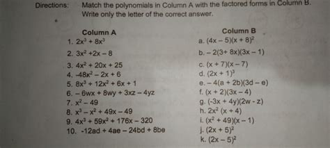 Solved Directions Match The Polynomials In Column A With The Factored