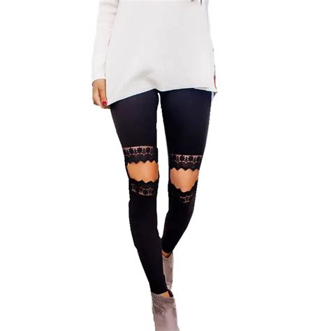 Women Black Hole Leggings Lace Patch Hollow Out Fitness Pant Workout
