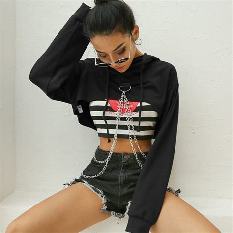 Black Cropped Hooded Sweatshirt Loose Chain Patchwork Pullover Hoodie