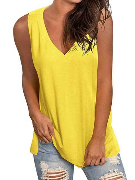 Women Casual Solid Basic V Neck Sleeveless Side Split Loose Tunic Tank