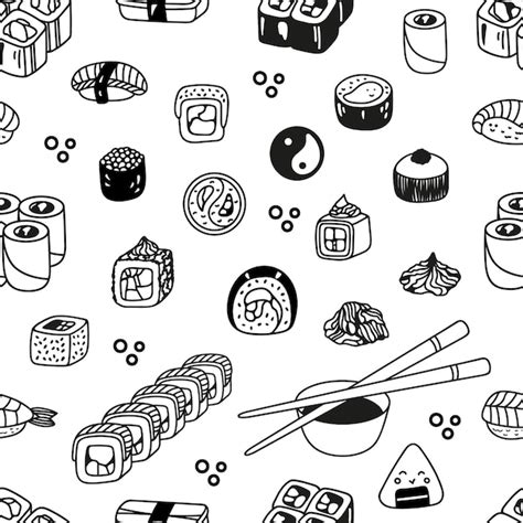 Premium Vector Japanese Sushi Roll Set Seamless Pattern In Hand Drawn
