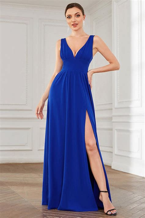 Dresses V Neck High Slit Empire Waist Floor Length Evening Dress