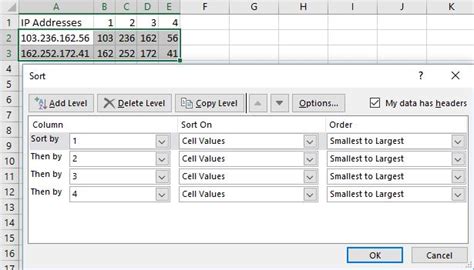 how do i get cells in excel that contain ip addresses to sort properly